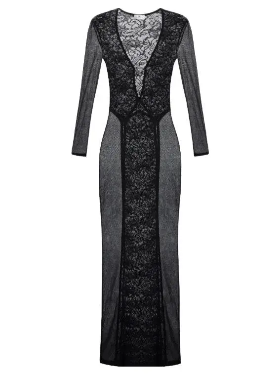 Elisabetta Franchi Lace-panelled Long-sleeve Maxi Dress - Black