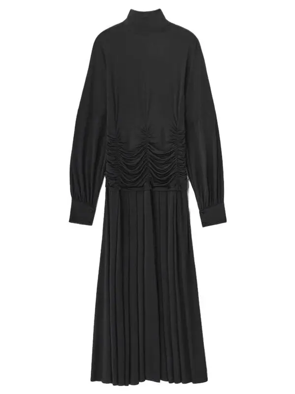 GANNI Long Sleeve Ruched High Neck Maxi Dress - Black