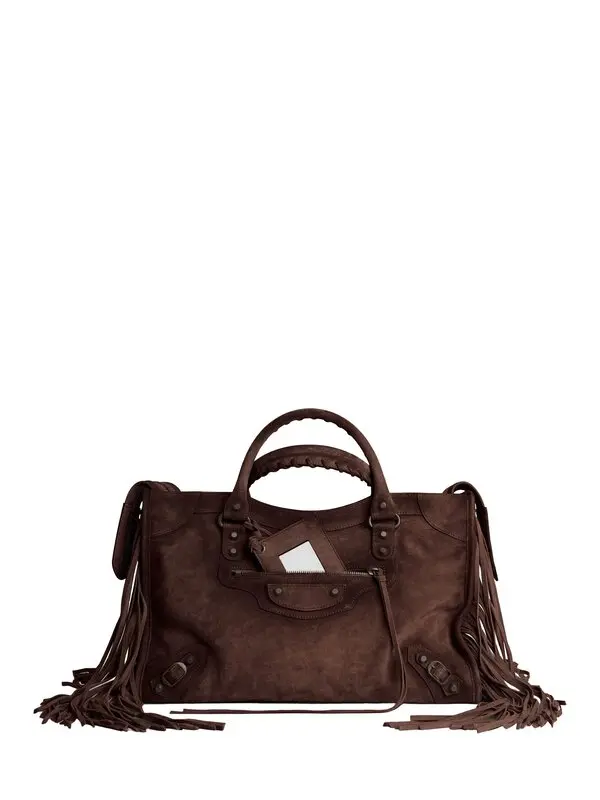 Balenciaga Le City Bag Medium Suede With Fringes - Brown