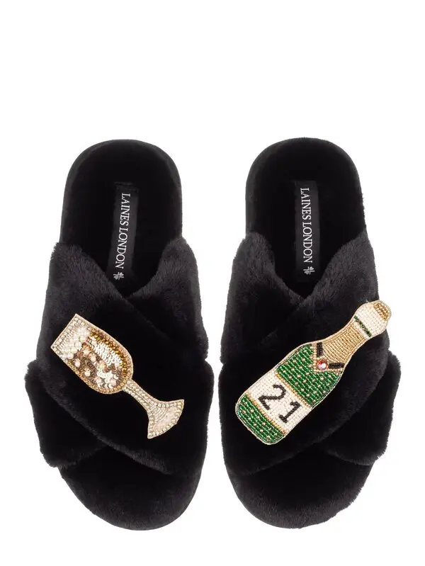 LAINES LONDON Embellished Cross Strap Slippers With Champagne Glass And '21' Brooches - Black