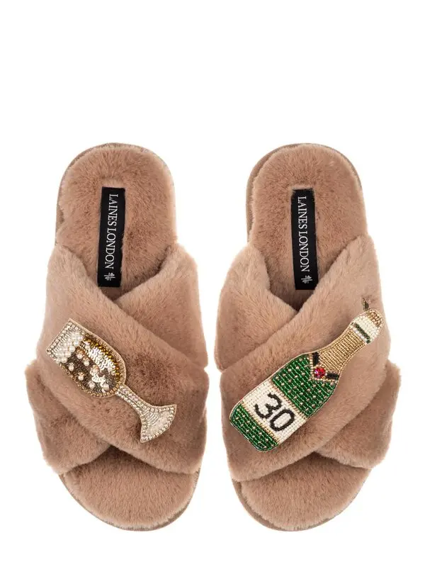 LAINES LONDON Embellished Faux Fur Slippers - Brown