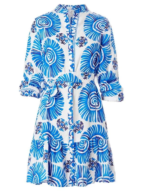 CASA ATELIER BY FERDINANDO FUSCO Linen Shirt Dress With Bali Print - White/blue