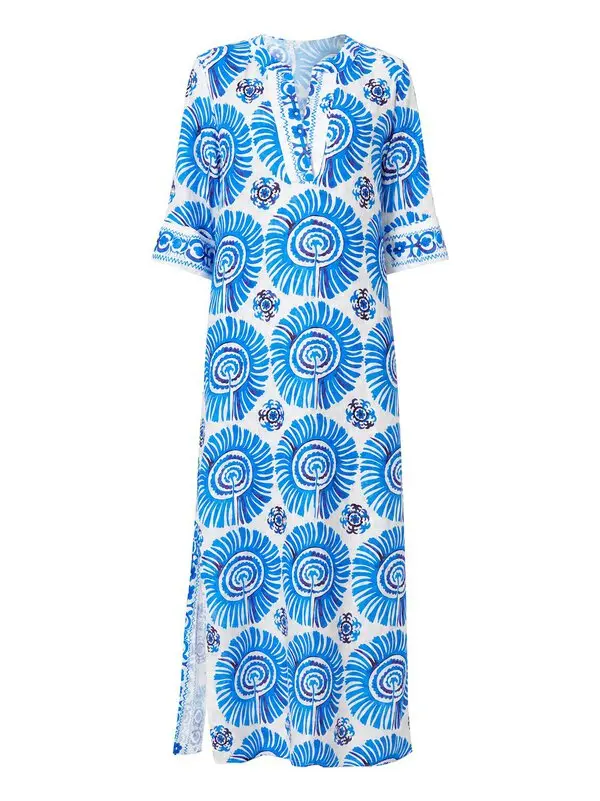 CASA ATELIER BY FERDINANDO FUSCO Bali Print Linen V-neck Caftan - Blue/white