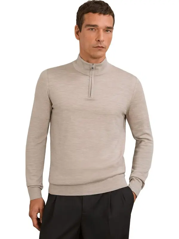 REISS Blackhall Merino Wool Half-zip Funnel Neck Jumper - Beige