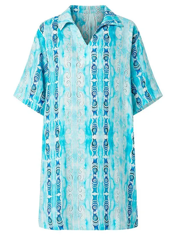 CASA ATELIER BY FERDINANDO FUSCO Linen Kos Print Relaxed Silhouette Dress - Blue