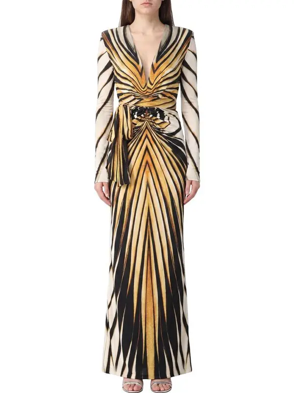 Roberto Cavalli Slim Fit Abstract Print Long-sleeved Gown - Yellow