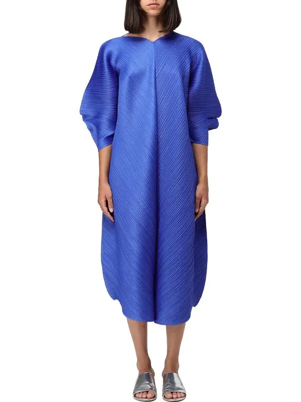 Issey Miyake Pleated Crêpe Midi Dress With Balloon Sleeves - Gnawed Blue
