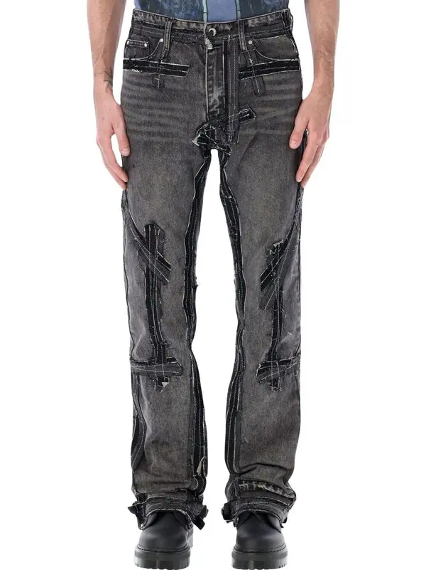WHO DECIDES WAR Straight Fit Mid-rise Distressed Patchwork Jeans - Denim