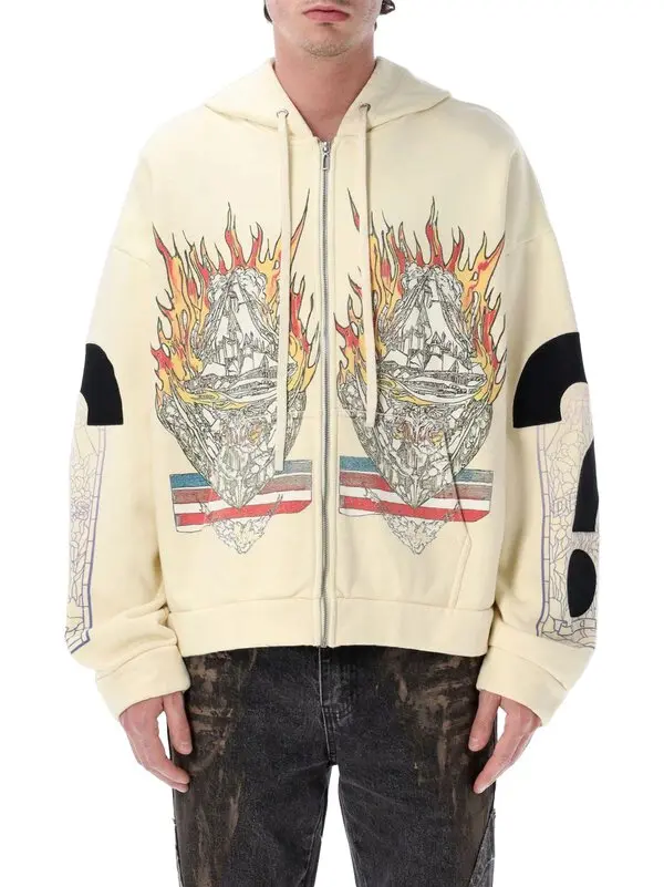 WHO DECIDES WAR Graphic Print Zipped Cotton Hoodie With Relaxed Fit - White