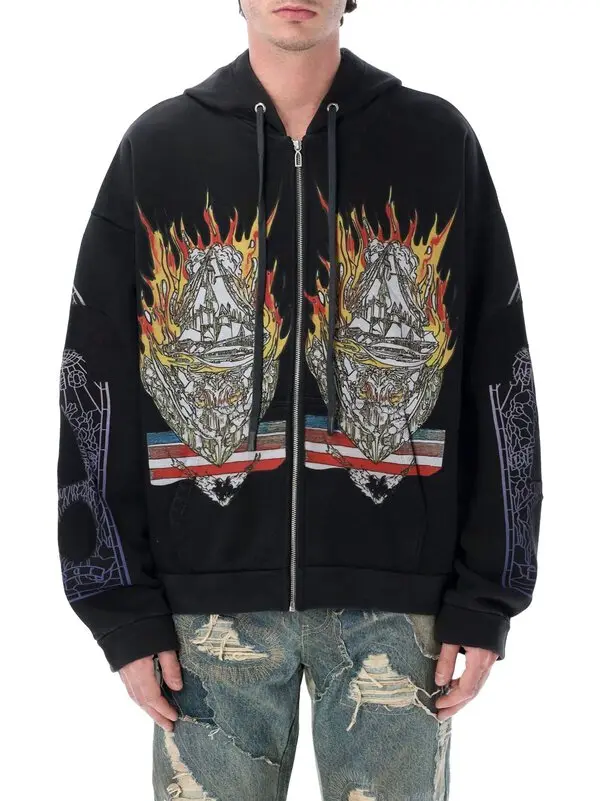 WHO DECIDES WAR Printed Cotton Jersey Zipped Hoodie With Relaxed Fit - Black
