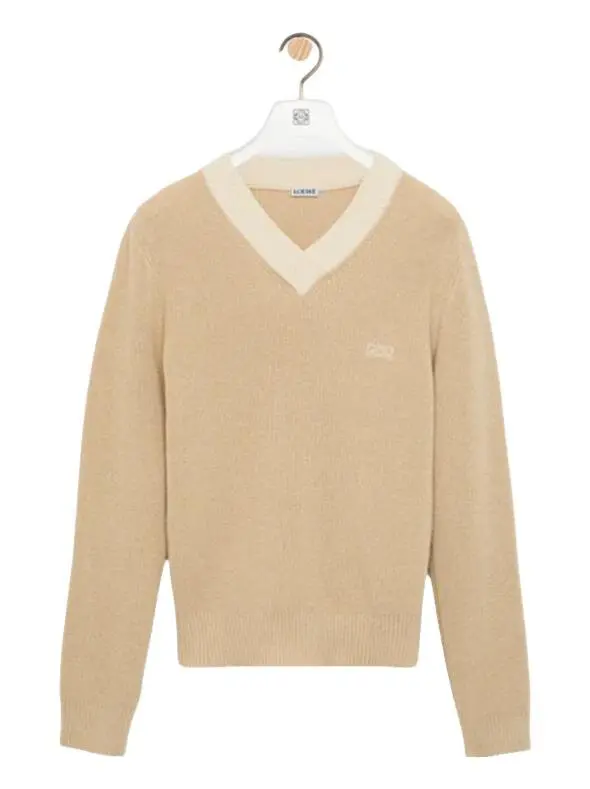 Loewe Long-sleeved V-neck Sweater - Beige/white