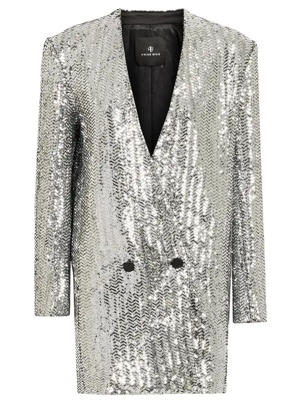 ANINE BING Veneda Sequined Mini Tuxedo Dress - Silver