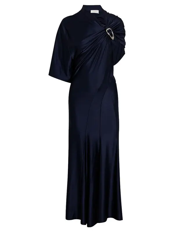 Rabanne Asymmetric Embellished Satin-jersey Maxi Dress - Navy