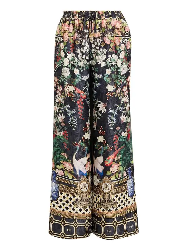 Camilla Printed Satin Wide-leg Pants - Navy