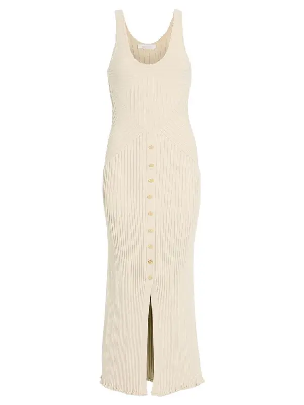Rabanne Ribbed Knit Midi Dress With Button Embellishments - Ecru