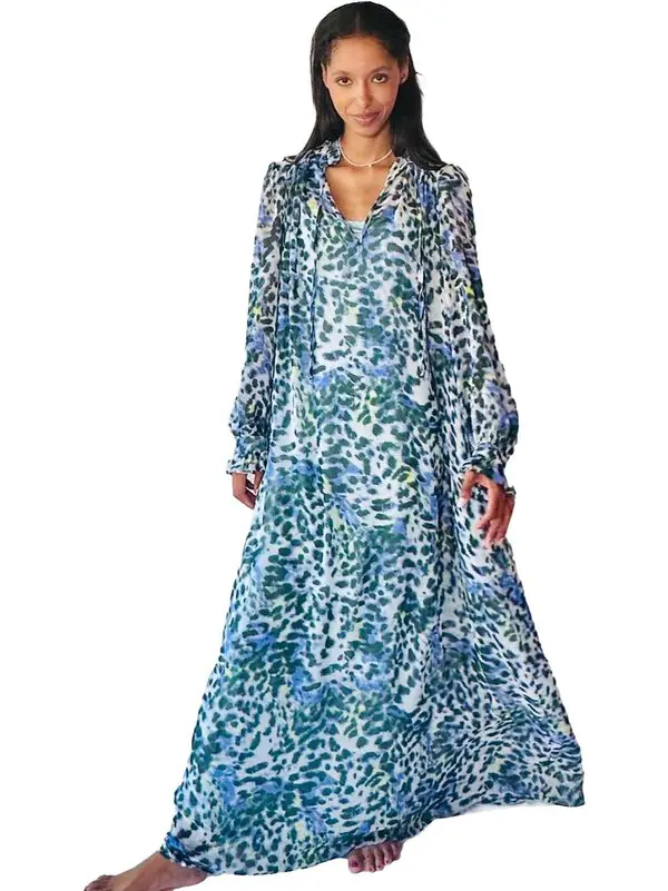 MONICA MAHONEY Sheer Leopard Print Maxi Dress With Ruffled Neckline - Blue