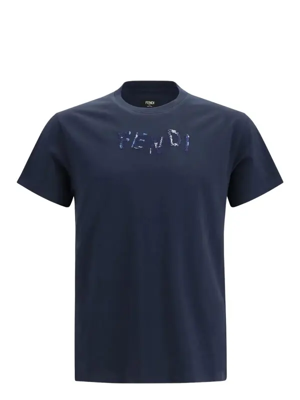 Fendi S Tonal Embroidered Crew Neck 100% Cotton T-shirt - Navy