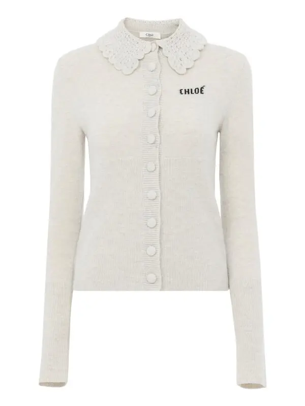 Chloé 100% Wool Guipure Trim Cardigan With Fabric Covered Buttons - Grigio