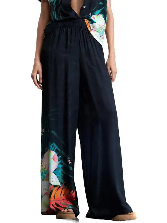 Desigual Tropical Floral Print Wide Leg Trousers - Black
