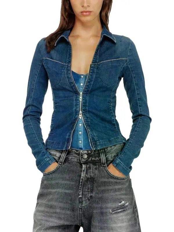 DIESEL® Fitted Full-zip Denim Shirt With Contrast Stitching - Blue