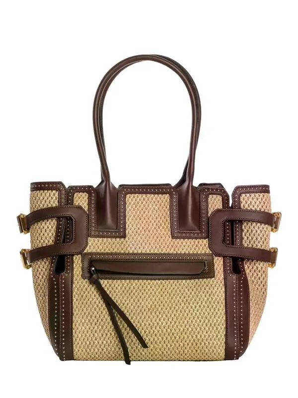 FRACOMINA Studded Raffia-effect Bucket Bag - Neutrals