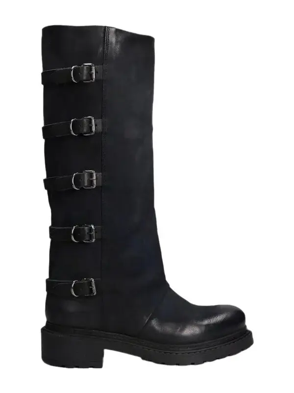 METISSE Buckled Nubuck Knee High Boots - Black