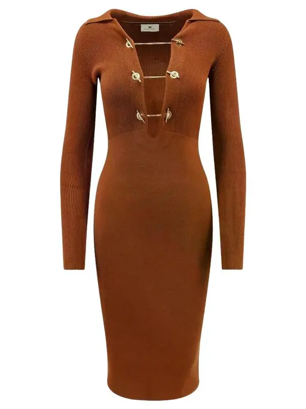 Elisabetta Franchi Ribbed-knit Midi Dress With Gold-tone Hardware - Brown