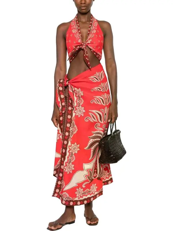 Farm Rio Ainika Floral Print Halterneck Cropped Blouse - Red