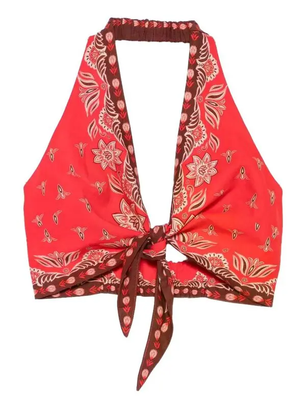 Farm Rio Ainika Floral Print Halterneck Cropped Blouse - Red