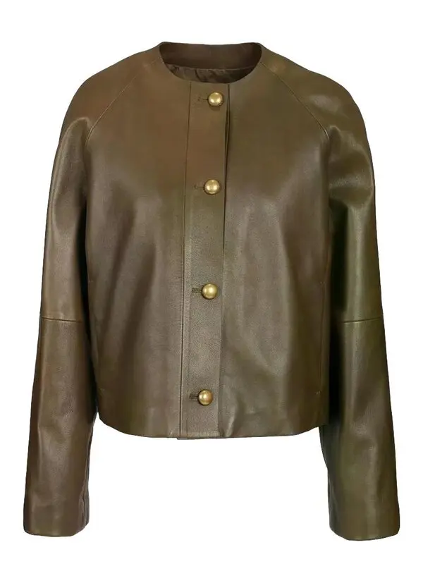 Max Mara Leather Jacket With Round Neck And Button Fastening - Green