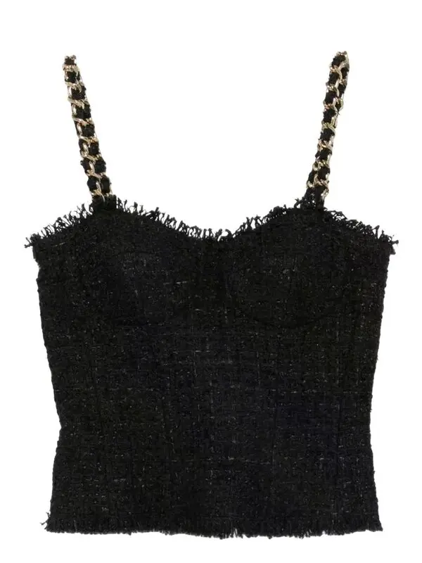 Balmain Chain-strap Tweed Sweetheart Neck Top - Black