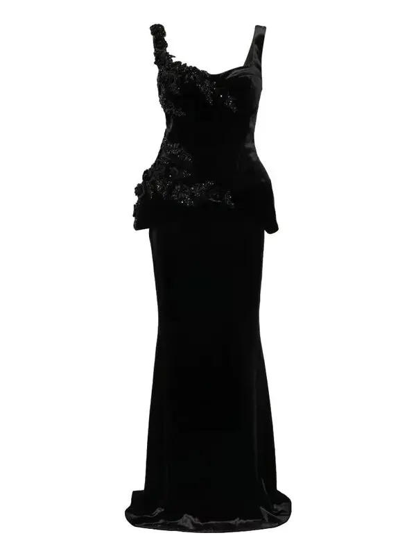 ADAMARIS Velvet Maxi Skirt And Top Set With Floral Beading - Black
