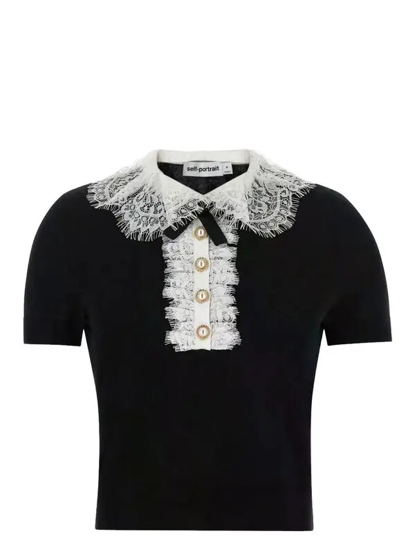 SELF-PORTRAIT Lace-collar Knitted Top - Black