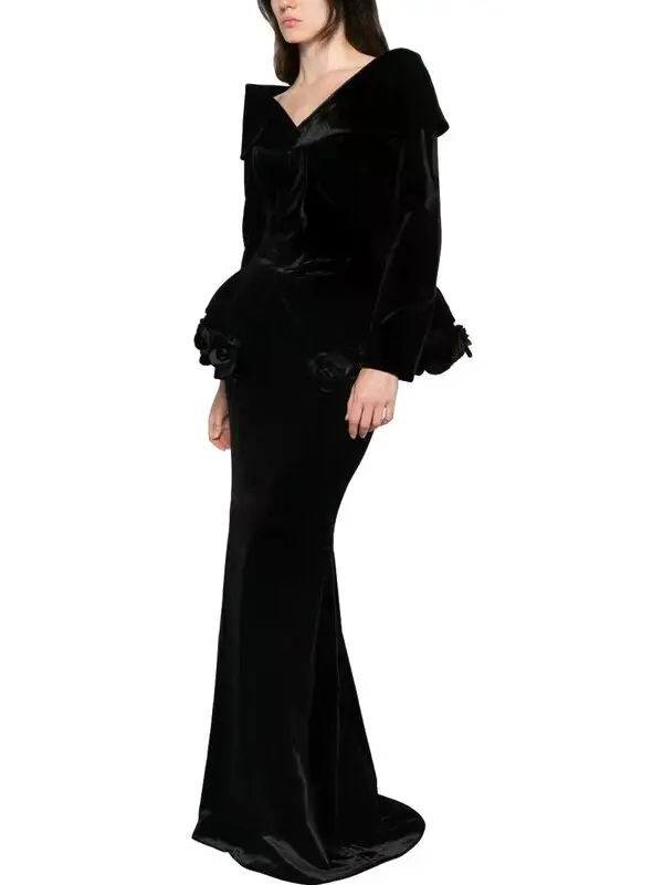 ADAMARIS Velvet Floral Appliqué Maxi Skirt And Top Set - Black