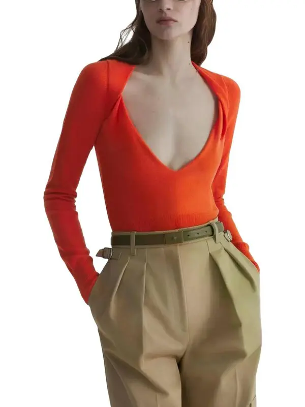 MUGLER Cashmere V-neck Knit Top - Red