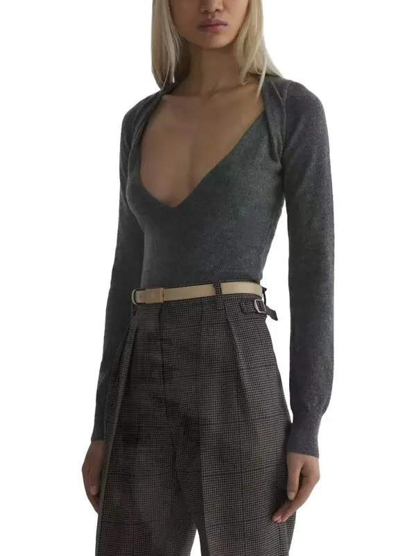 MUGLER Cashmere Plunging V-neck Knit Top - Brown