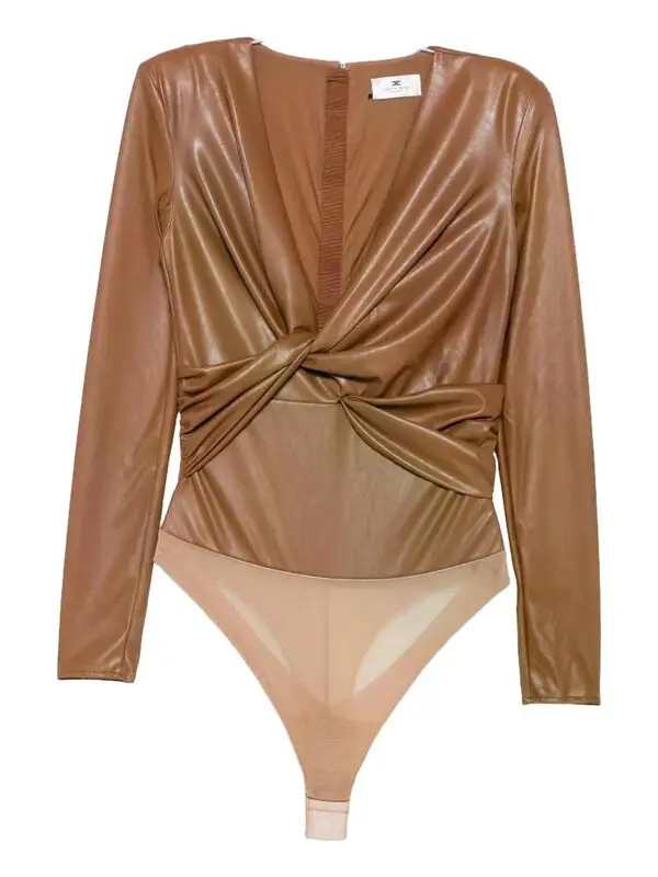 Elisabetta Franchi Long Sleeve V-neck Faux Leather Bodysuit - Brown
