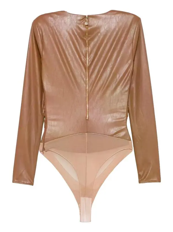 Elisabetta Franchi Long Sleeve V-neck Faux Leather Bodysuit - Brown