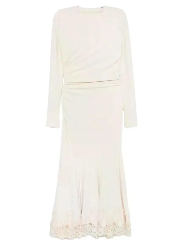 Alberta Ferretti Lace-trim Ruched Midi Dress - Neutrals