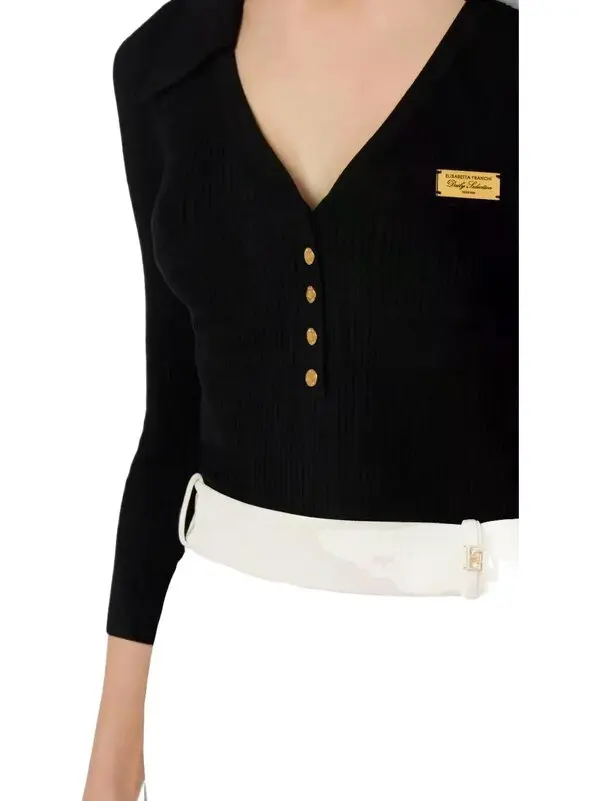 Elisabetta Franchi Micro-braided Ribbed-knit Polo Top - Black