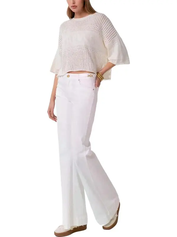 GAELLE PARIS Logo-knit Pointelle Cropped Sweater - Neutrals