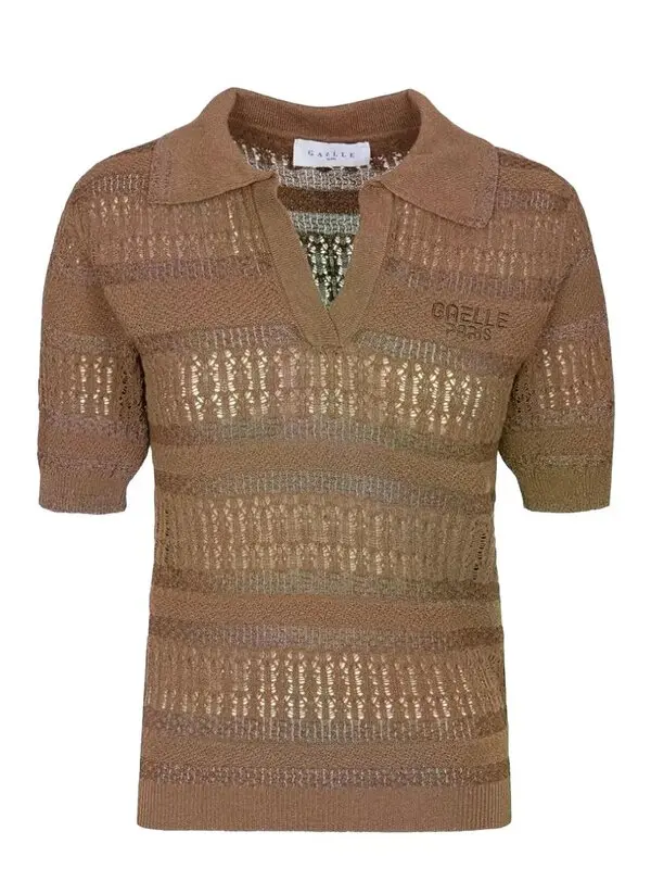 GAELLE PARIS Embroidered Open-knit V-neck T-shirt - Brown