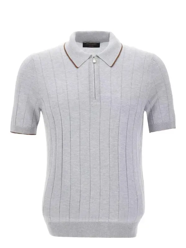 GRAN SASSO Ribbed-knit Silk Polo Shirt - Grey
