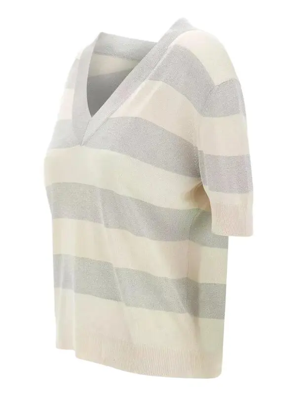 GRAN SASSO Lurex Detail Striped V-neck Sweater - Neutrals