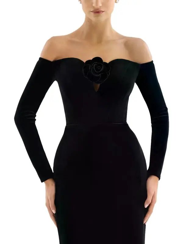 ADAMARIS Off-shoulder Rose Appliqué Maxi Dress - Black