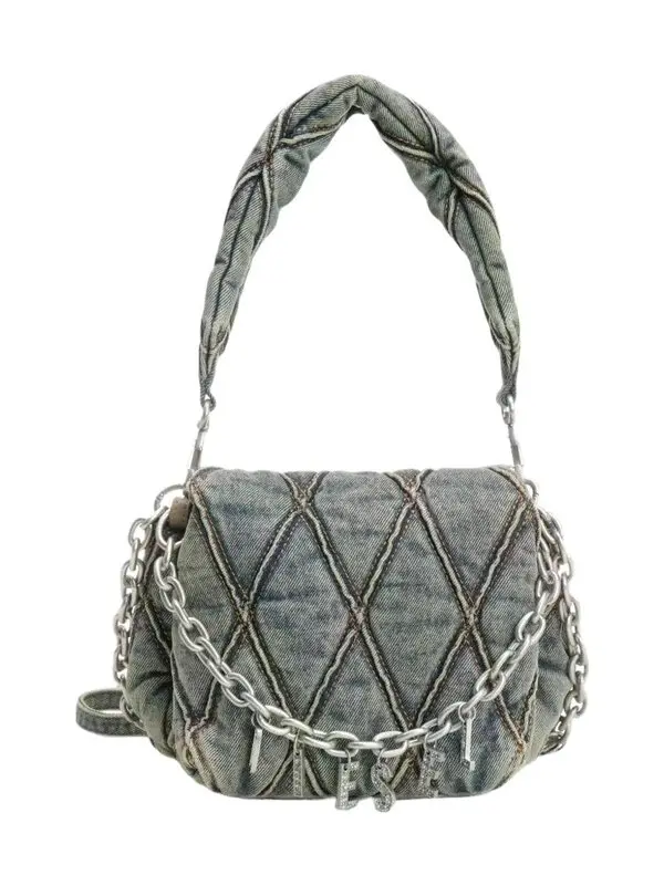 DIESEL® Small Denim Shoulder Bag With Logo Charms - Blue