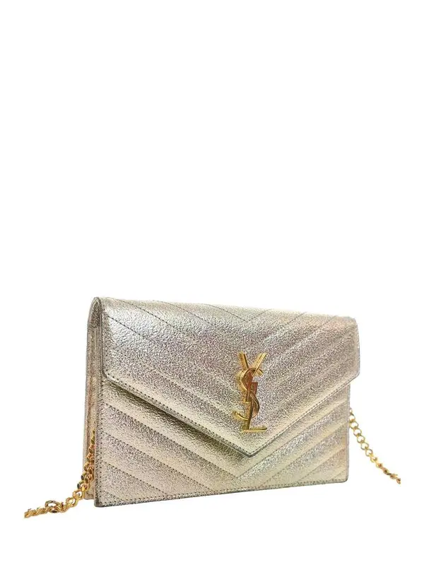 Saint Laurent Metallic Crackled Chevron Calfskin Monogram Envelope Chain Wallet Crossbody Bag - Gold