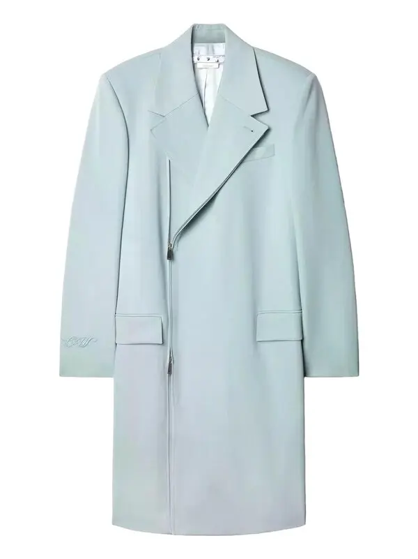 Off-White Virgin Wool Blend Double-breasted Coat With Embroidered Logo - Blue