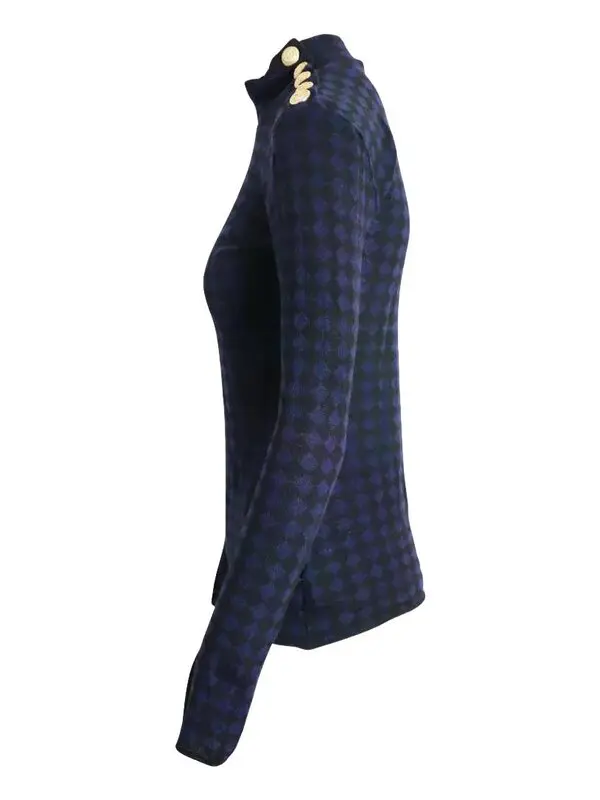 Balmain Studded-shoulder Diamond-print High-neck Top - Blue