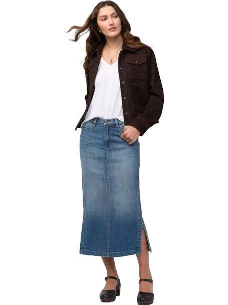 DUER Performance Denim Slit Midi Skirt - Blue-ash